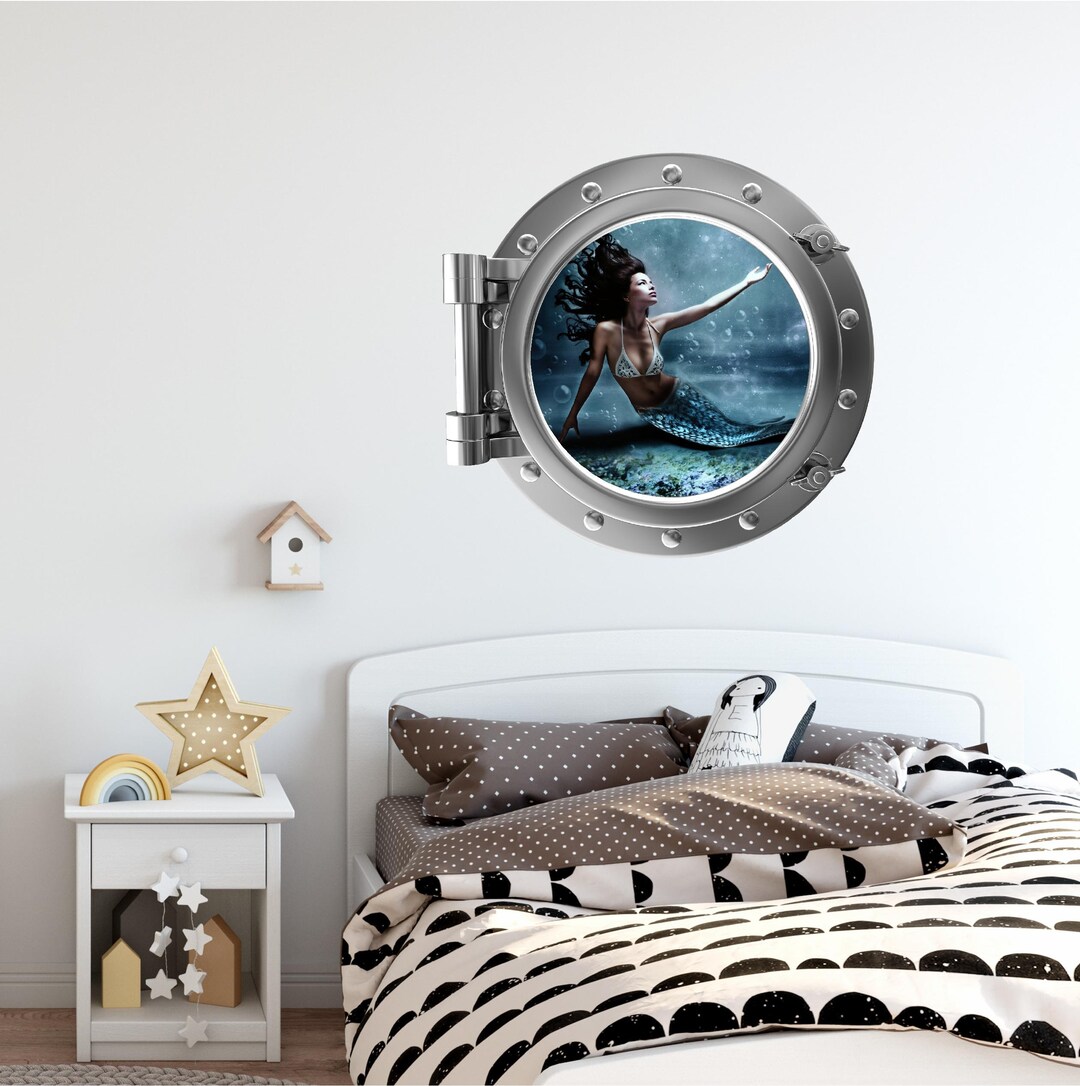Mermaid 2 Porthole Sea Window Wall Decal Fabric Vinyl Sticker Graphic ...
