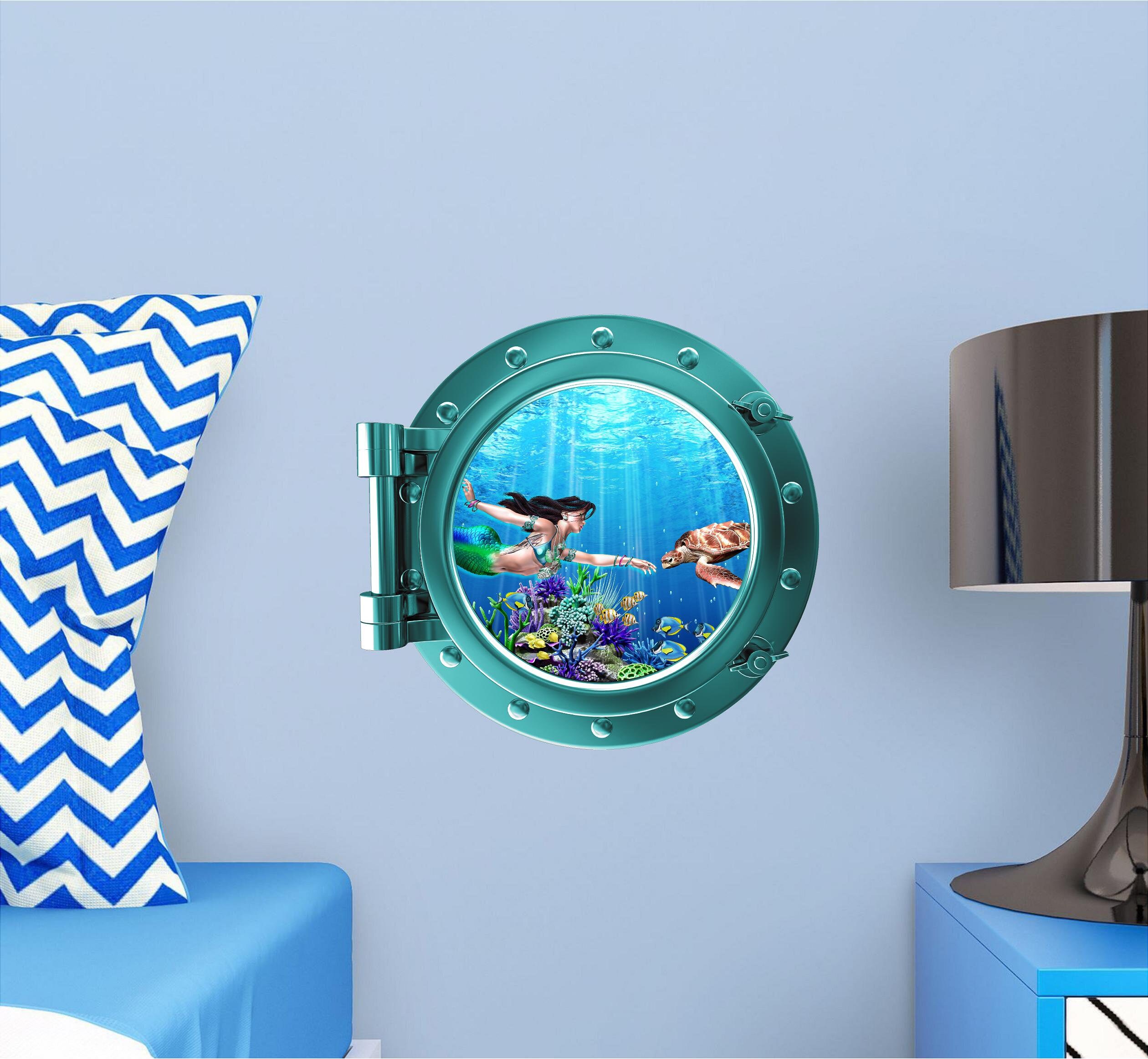 Port Scape Mermaid & Sea Turtle COLORED Porthole Window Wall - Etsy