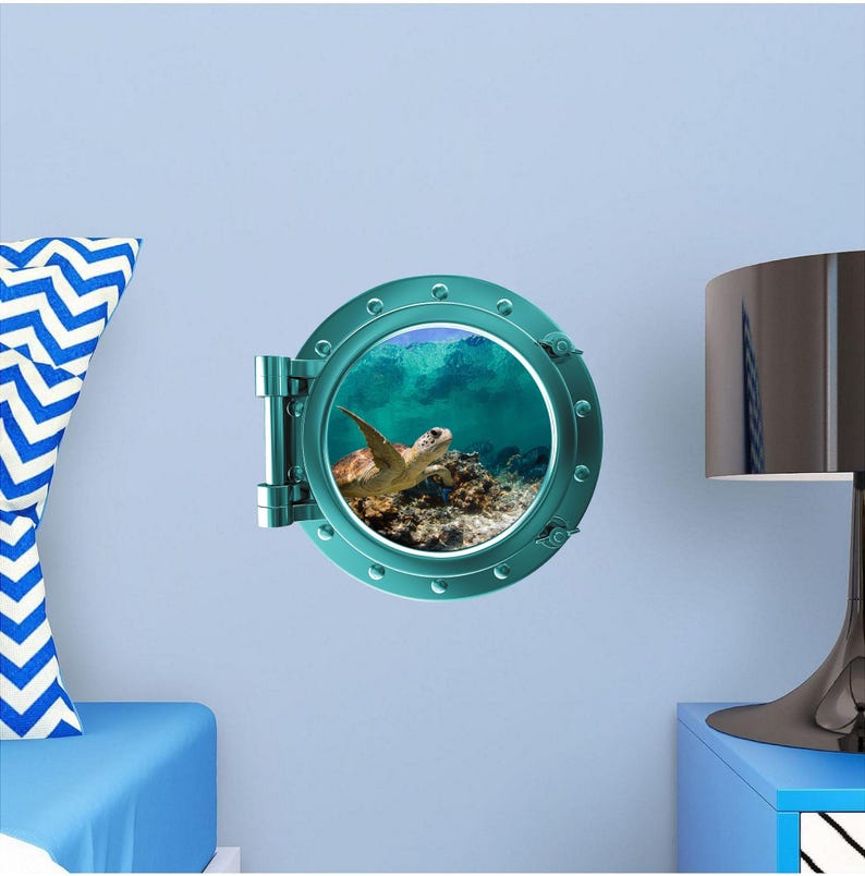 COLORED PORTSCAPE Aqua Sea Turtle 4 Porthole Wall Sticker | Etsy