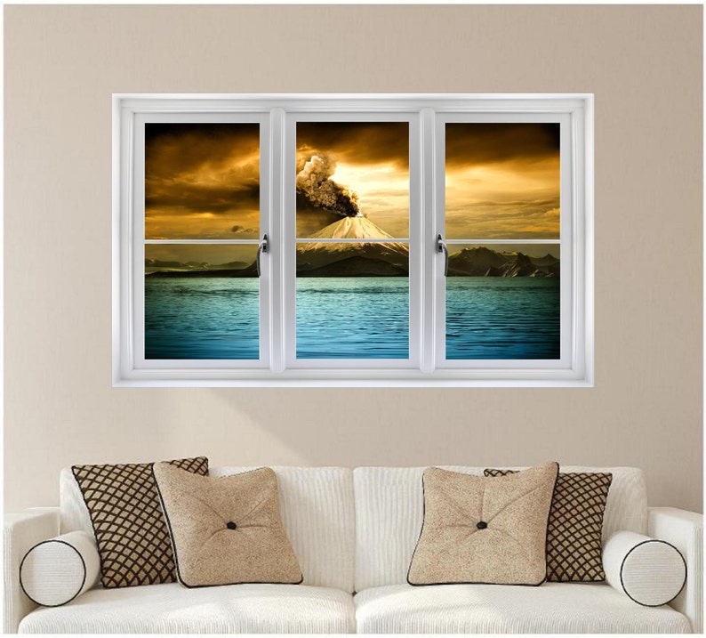 Window Scape Volcano #1 Wall Decal Graphic Vinyl Sticker Ocean Clouds ...