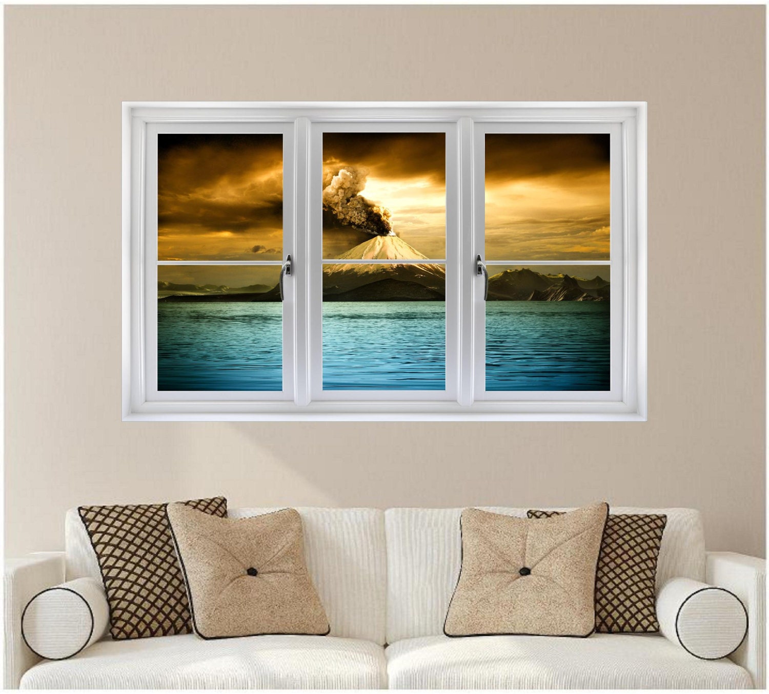 Window Scape Volcano #1 Wall Decal Graphic Vinyl Sticker Ocean Clouds ...