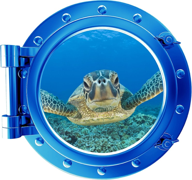 Sea Turtle #3 Porthole 3D Window Wall Decal Colored Port Scape BLUE ...