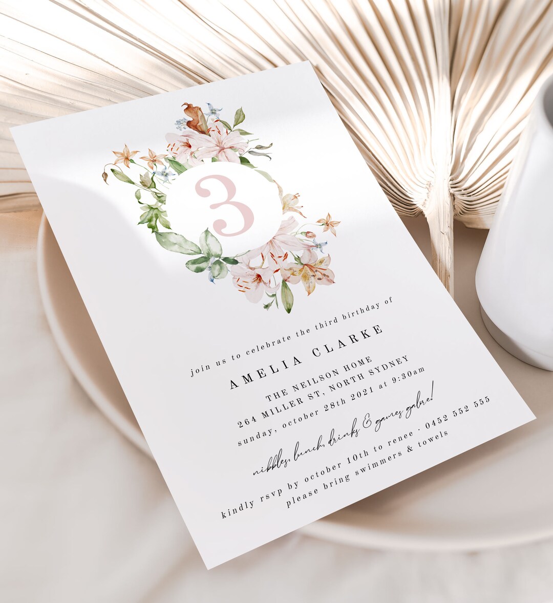 BLUSH Floral 3rd Birthday Invitation for Girl Editable Template, Girl ...