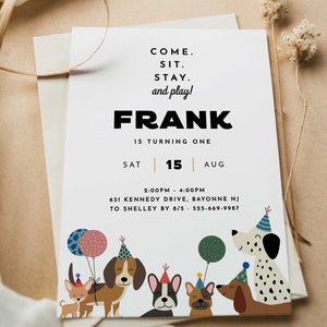 Dog 1st Birthday Invitation, Come Sit Stay Invitation, Dog Theme ...