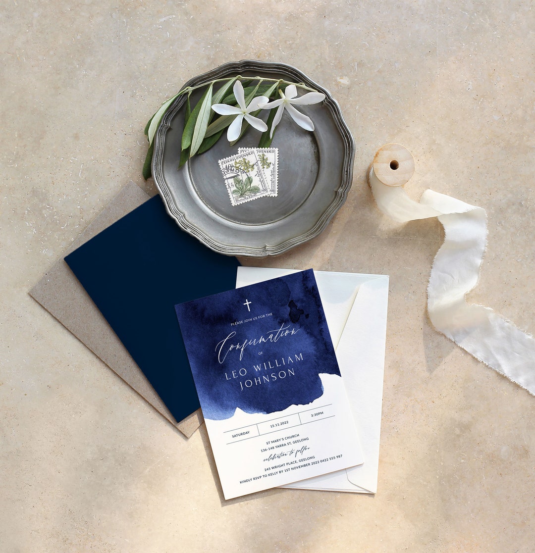 Navy Watercolor, Boy Confirmation, Confirmation Invitation Template ...