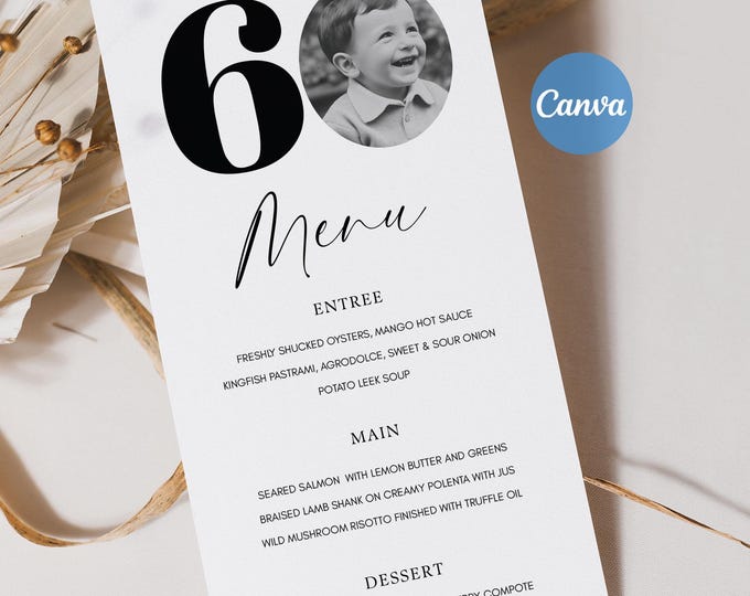 60th Birthday Menu Template Printable, Hand Drawn Dinner Menu for 60th ...