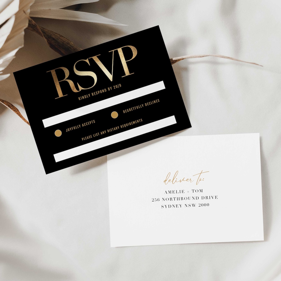 ZARA Black and Gold RSVP Template, Black and Gold Response Card, Editable RSVP, 30th 40th 50th ...