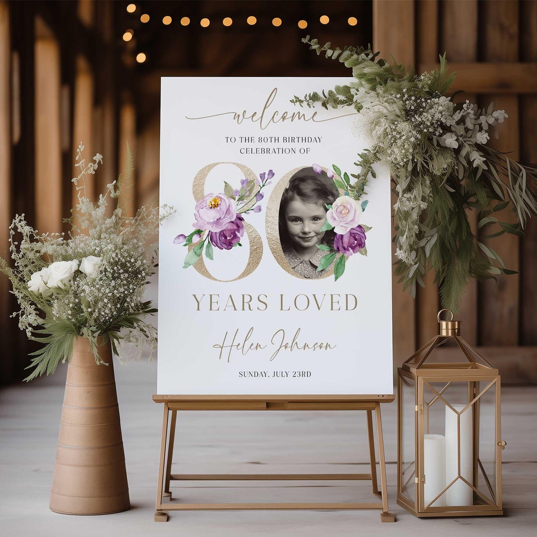80 Years Loved Sign, 80th Birthday Welcome Sign, Floral 80th Welcome ...
