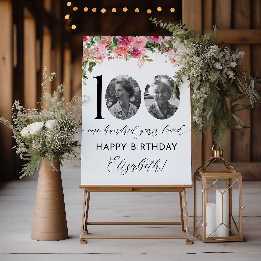 100 Years Loved Sign, 100th Birthday Welcome Sign, Floral 100th Welcome ...