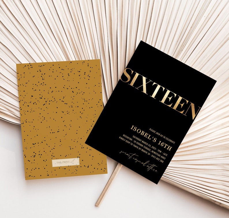 ZARA 16th Birthday Invite Black and Gold Editable Template - Etsy