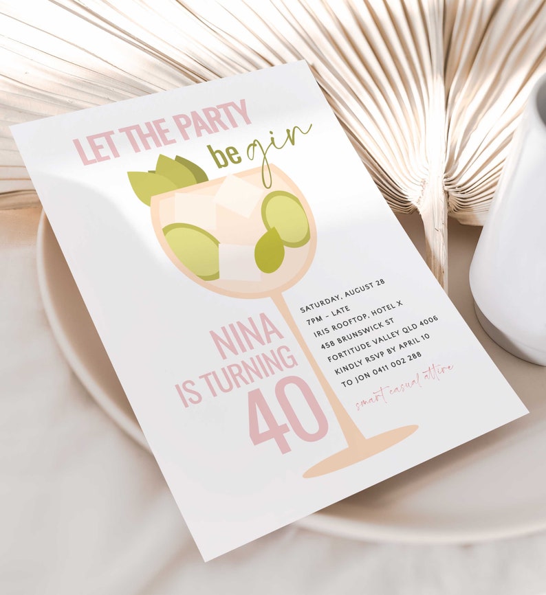 40th Invitation Women, 40th Gin, Birthday 40th Invite, 40th Cocktail ...
