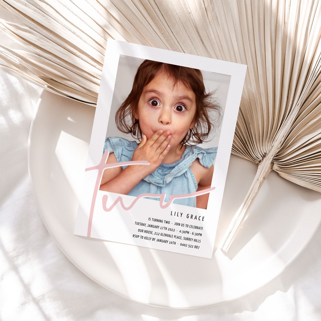 Girl 2nd Birthday Invitation With Photo Simple 2nd Birthday Etsy girl-2nd-birthday-invitation-with-photo-simple-2nd-birthday-etsy