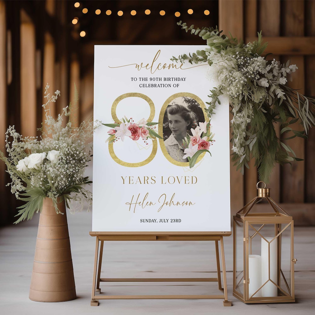 80th Birthday Welcome Sign, 80 Years Loved Sign, Floral and Gold 80th ...