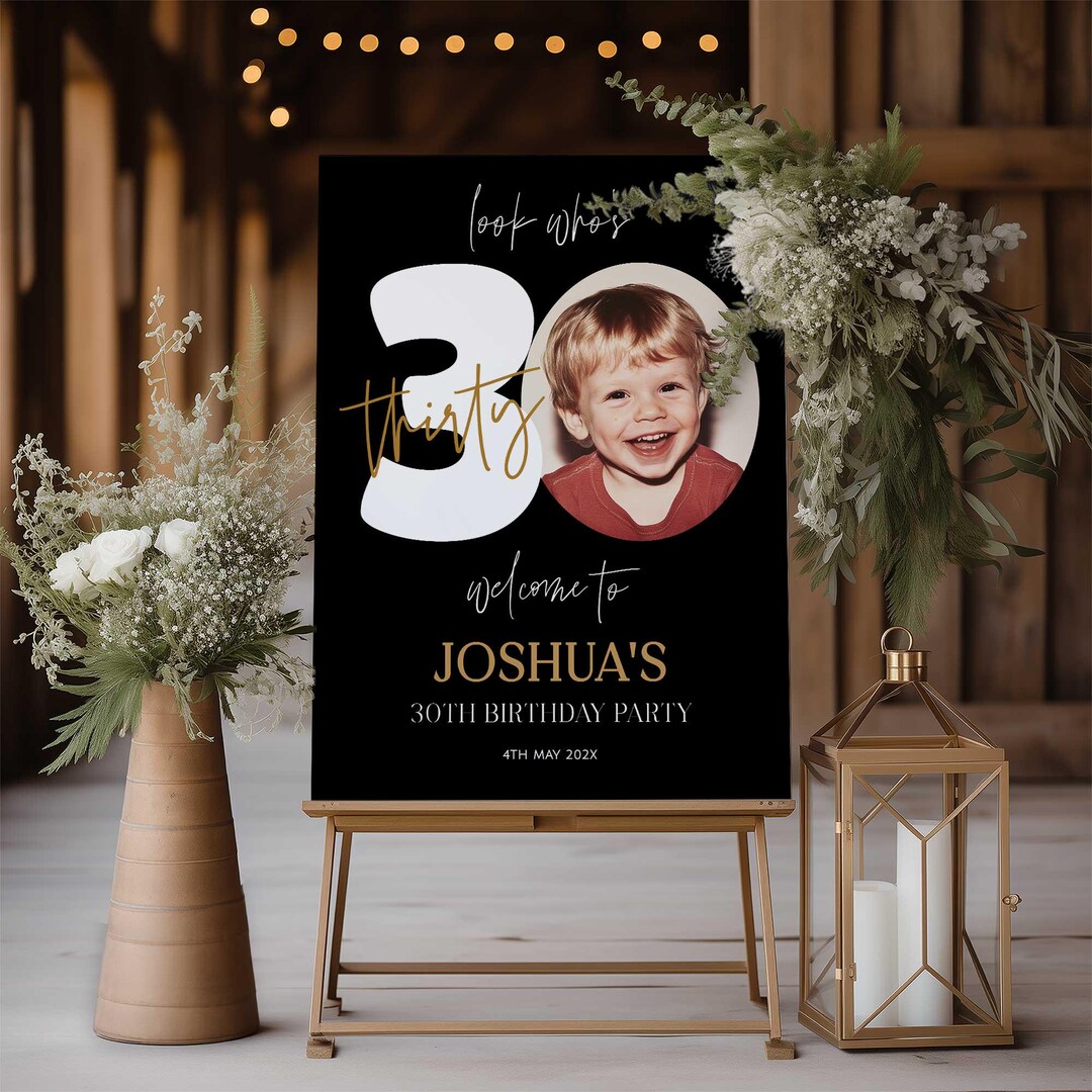 Look Who's 30 Welcome Sign Black and Gold, 30th Birthday Welcome Sign ...