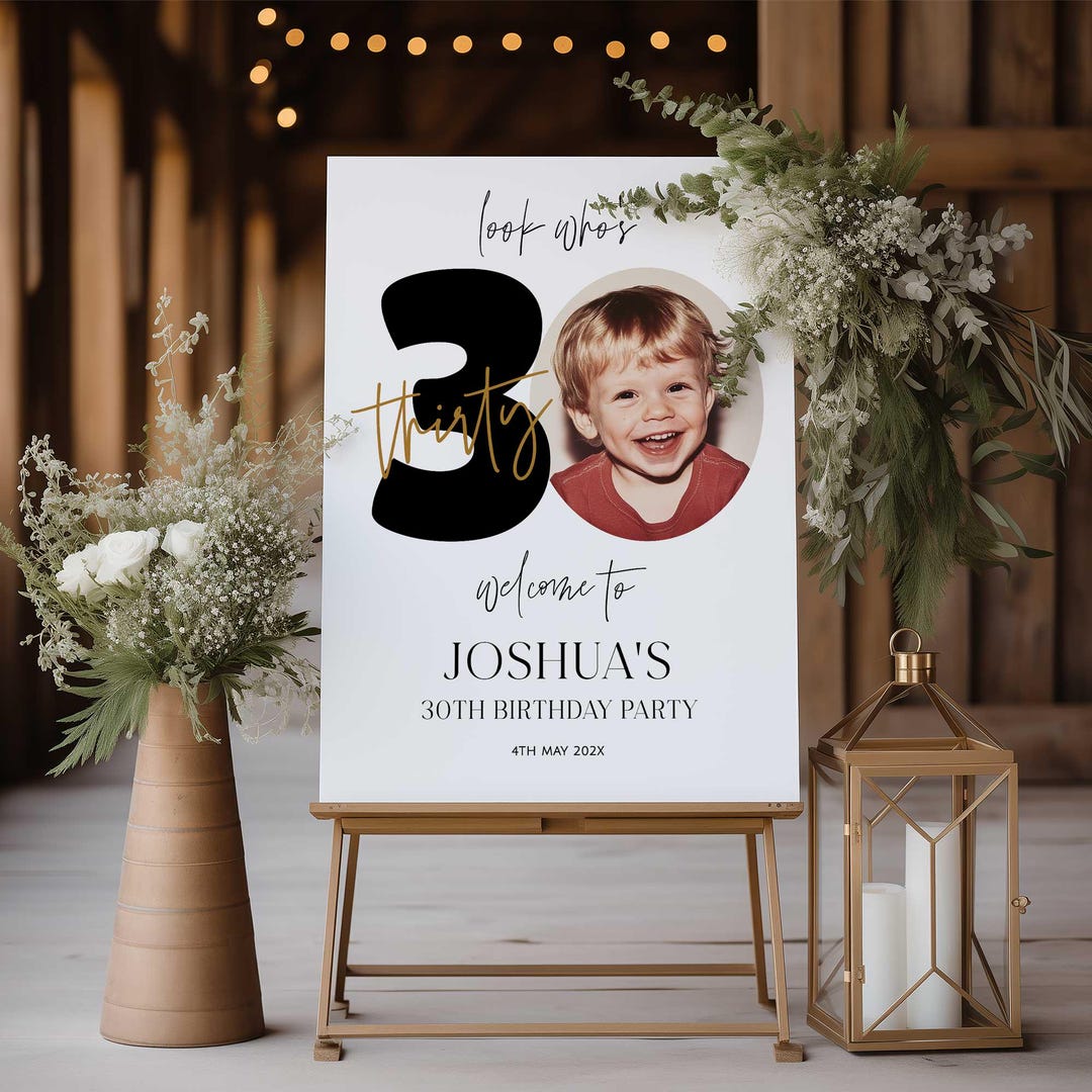 Look Who's 30 Welcome Sign With Photo, Modern 30th Birthday Welcome ...