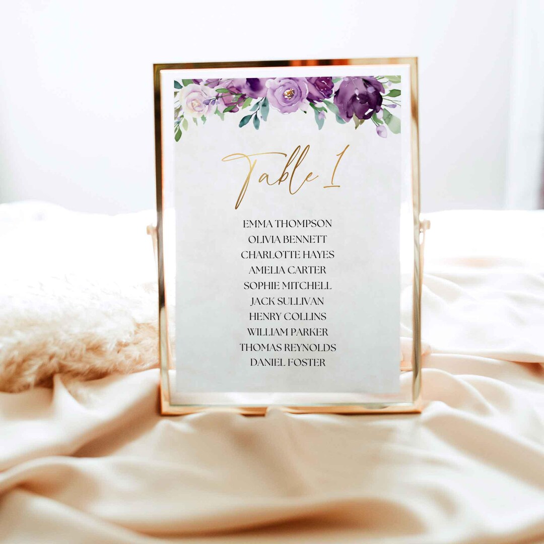 Editable Floral Table Number Sign, Purple Theme, Canva Template ...