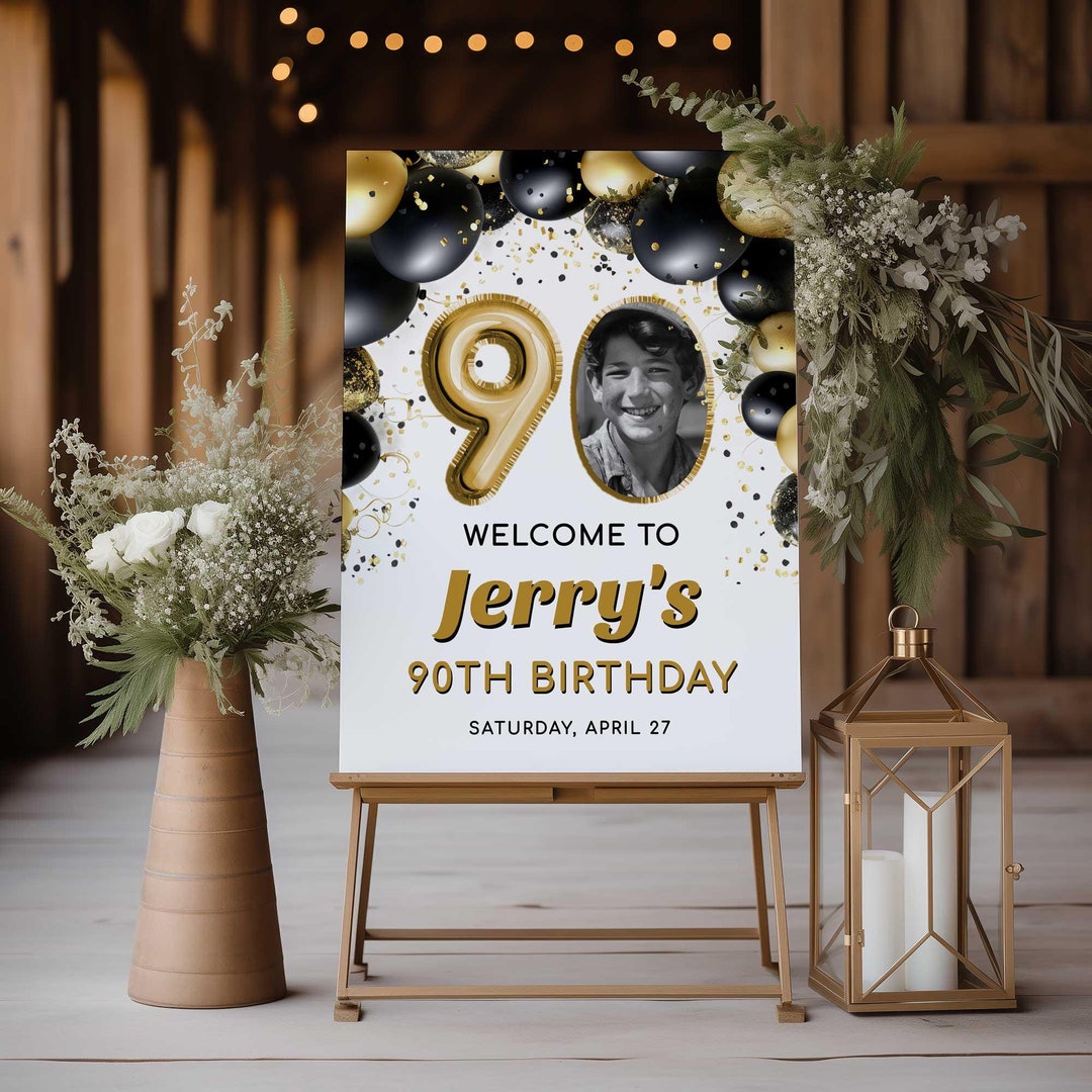 90th Birthday Welcome Sign, Black and Gold 90th Welcome Sign With Photo ...