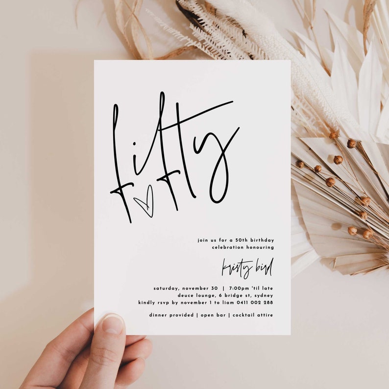 Minimalist 50th Birthday Invitation, Handwritten Style (editable ...