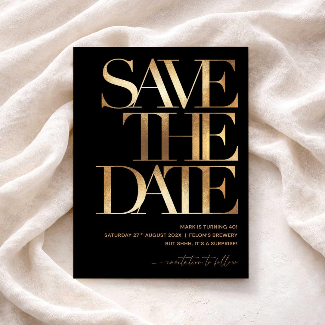 Black and Gold Save the Date Birthday Invitation, Elegant Date Claimer ...