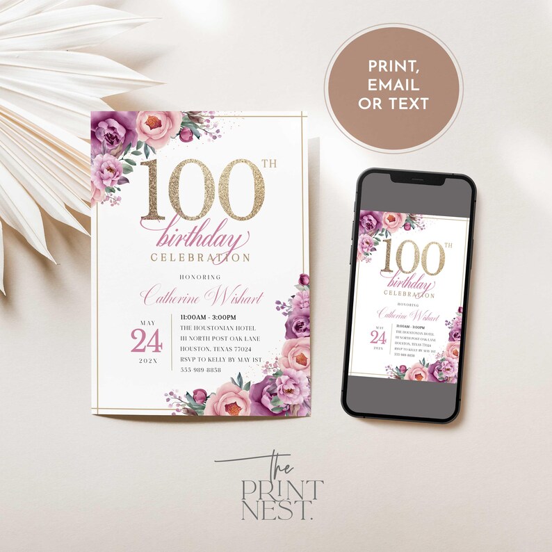 100th Birthday Invitation With Photo, 100 Years Loved Birthday ...