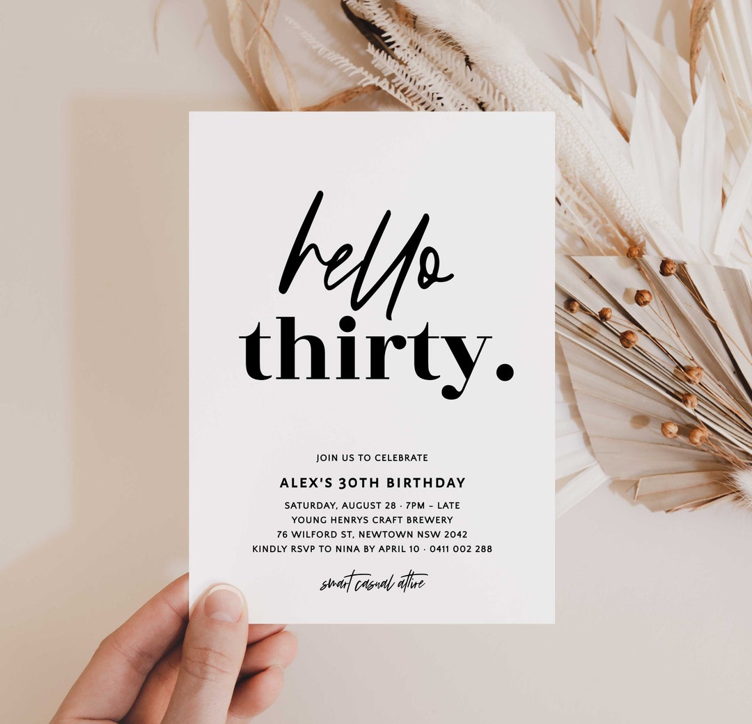 Hello 30 30th Invitation, Modern Minimal 30th Invitation Black and ...