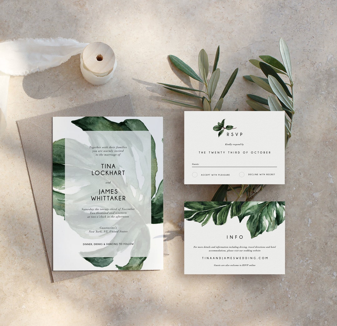 Monstera Modern Greenery Wedding Invitation Template Set, Wedding ...