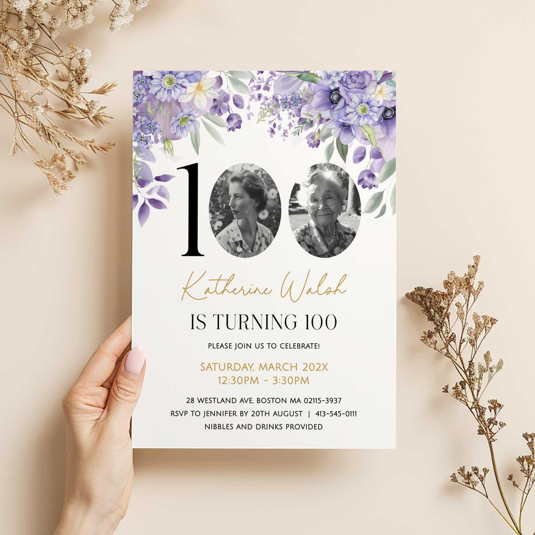 100th Birthday Invitation for Woman, Purple Floral 100th Birthday ...