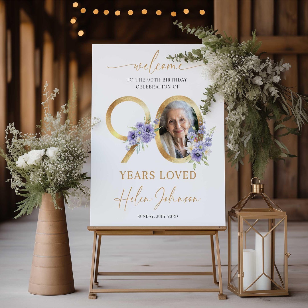 90th Birthday Welcome Sign, 90 Years Loved Sign, Purple Floral and Gold ...