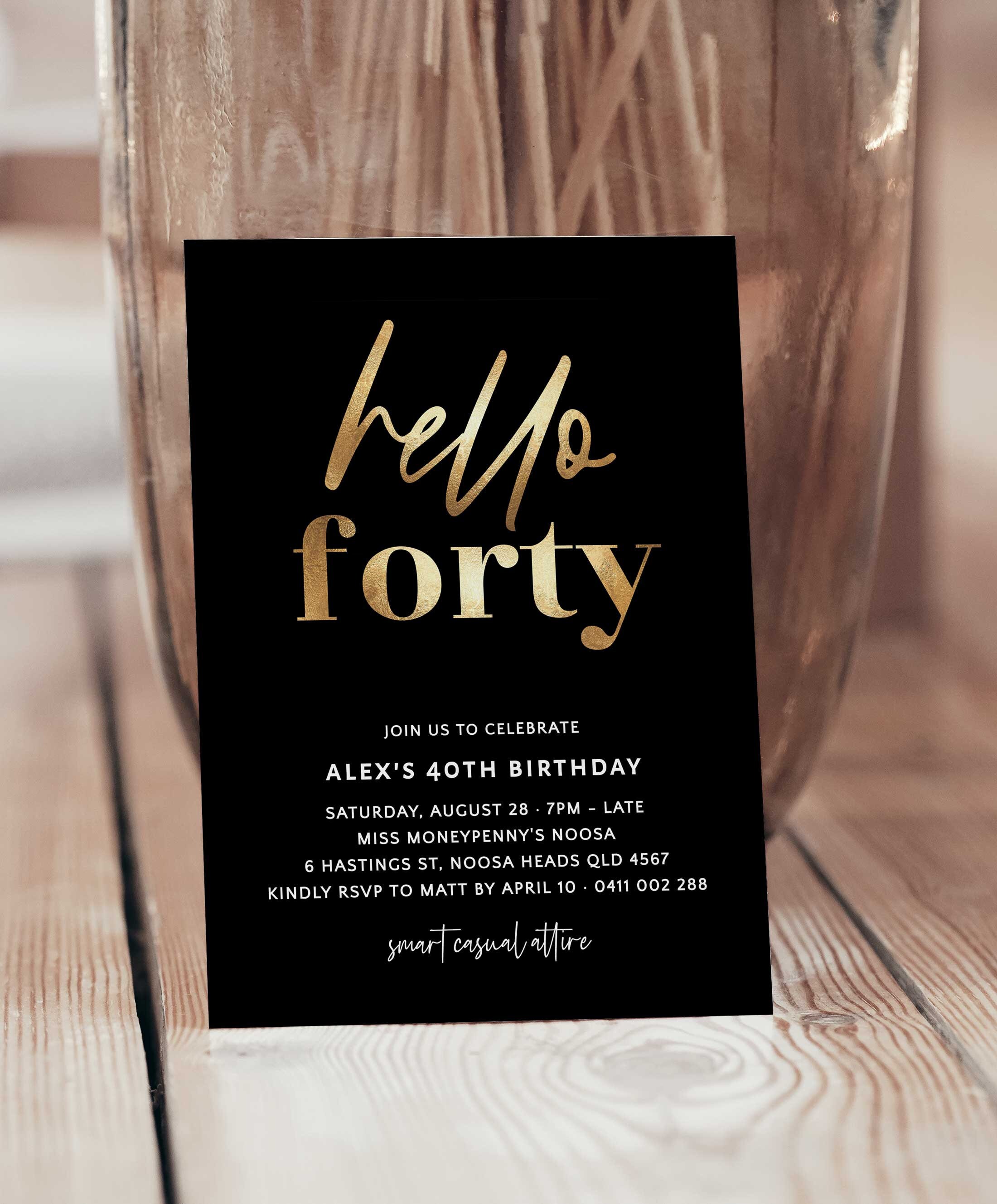40th Invitation Black and Gold Hello Forty Modern Minimal - Etsy UK