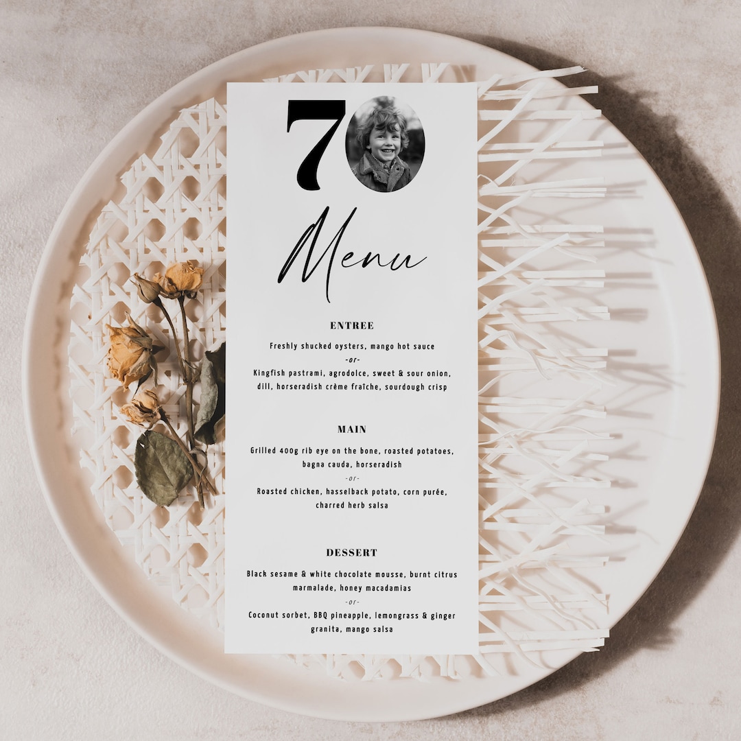 70th Birthday Menu Template, 70th Birthday Dinner Menu, 70th Menu Card ...