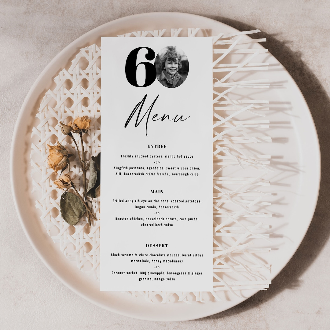 60th Birthday Menu Template, 60th Birthday Dinner Menu, 60th Menu Card ...