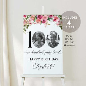 100 Years Loved Sign, 100th Birthday Welcome Sign, Floral 100th Welcome ...