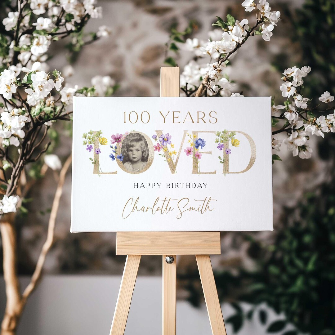 100th Birthday Welcome Sign, 100 Years Loved Sign, Floral 100th Welcome ...