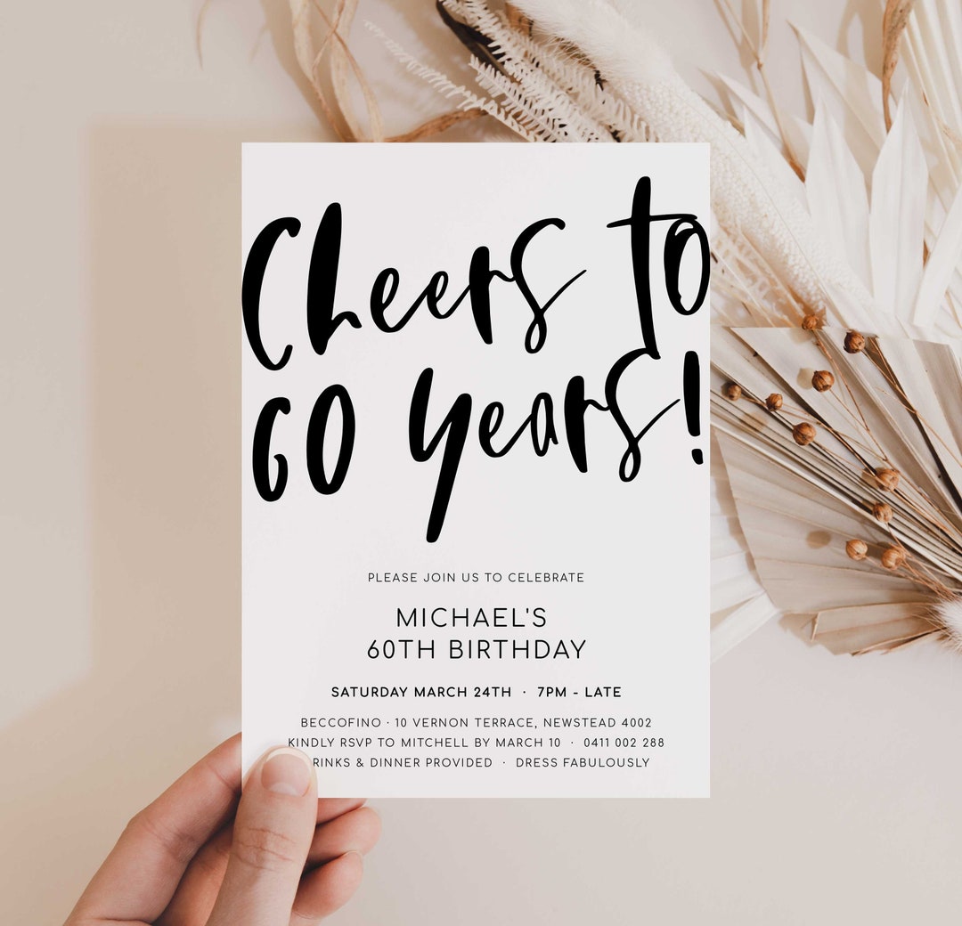 Cheers to 60 Years Invitation, Black and White Birthday Invitations ...