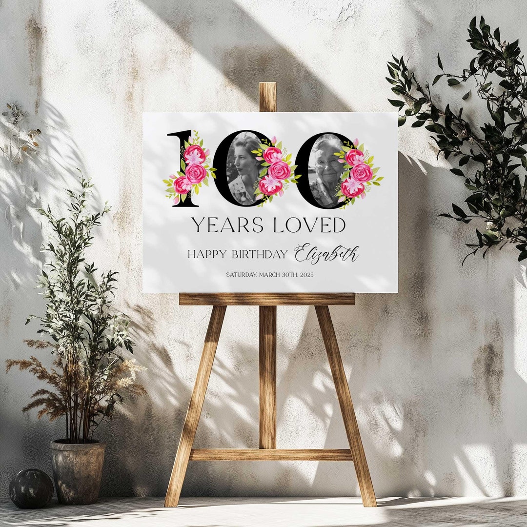 100th Birthday Welcome Sign, 100 Years Loved Sign, Floral 100th Welcome ...