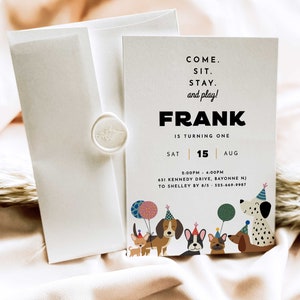 Dog 1st Birthday Invitation, Come Sit Stay Invitation, Dog Theme ...