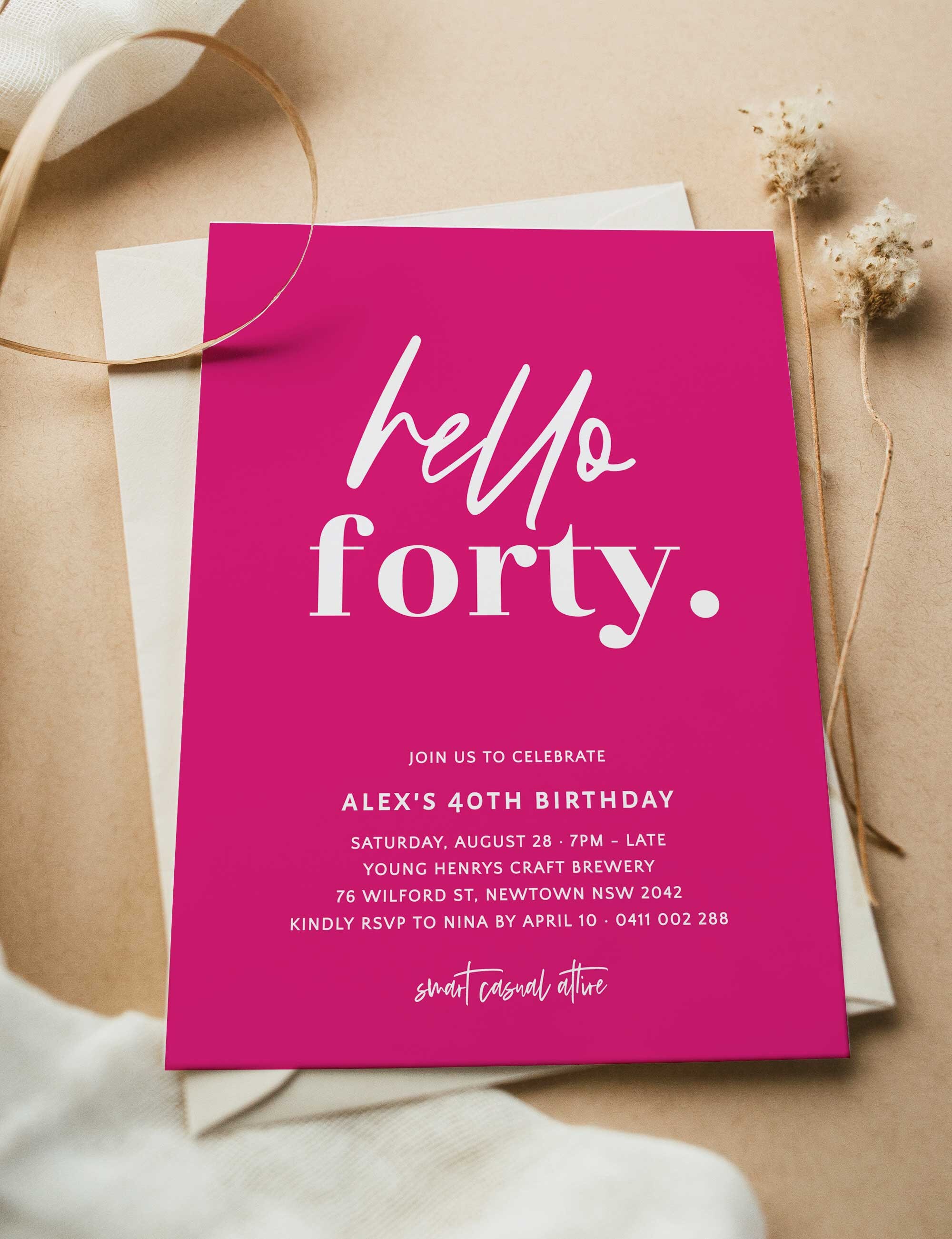 Hot Pink 40th Invitation Hello Forty Minimal 40th Invitation - Etsy ...