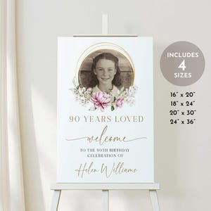 90th Birthday Welcome Sign, 90 Years Loved Sign, Floral and Gold 90th ...