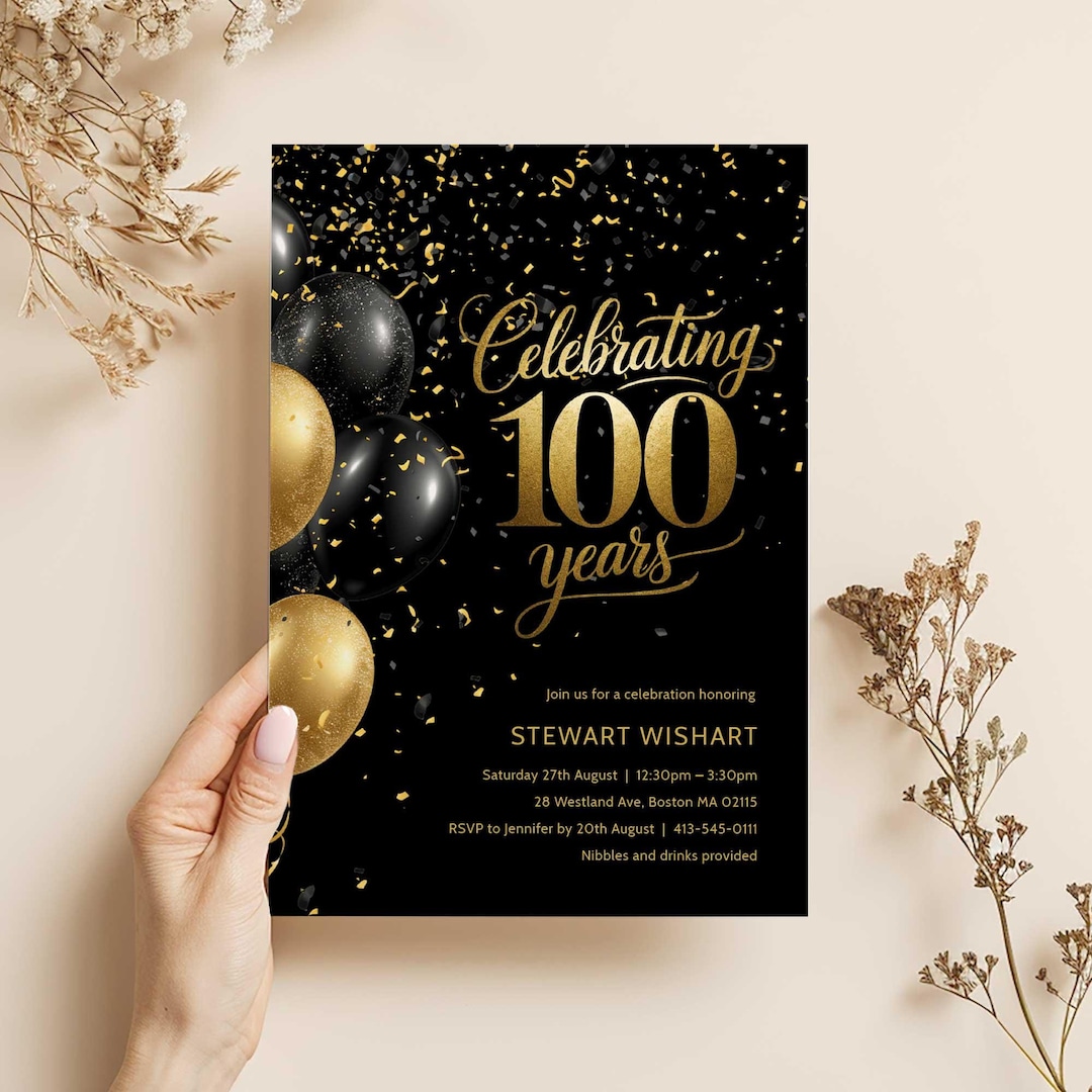 100th Birthday Invitations Black and Gold, Centenarian Invite Template ...