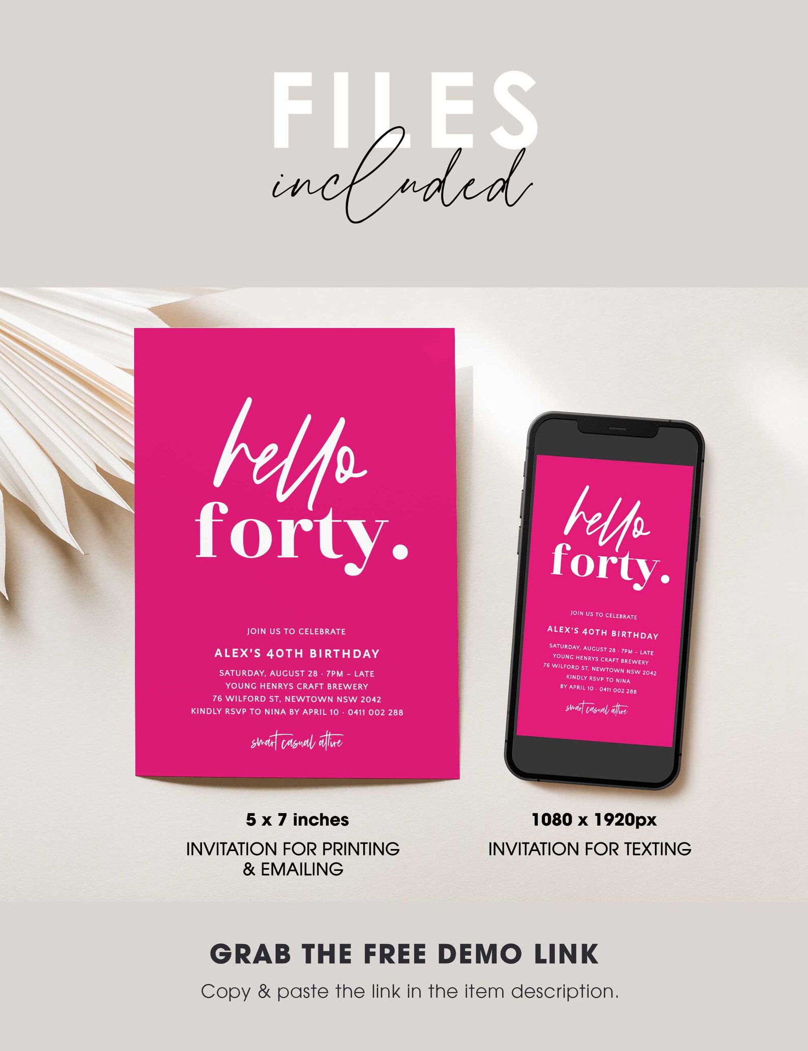 Hot Pink 40th Invitation Hello Forty Minimal 40th Invitation - Etsy ...