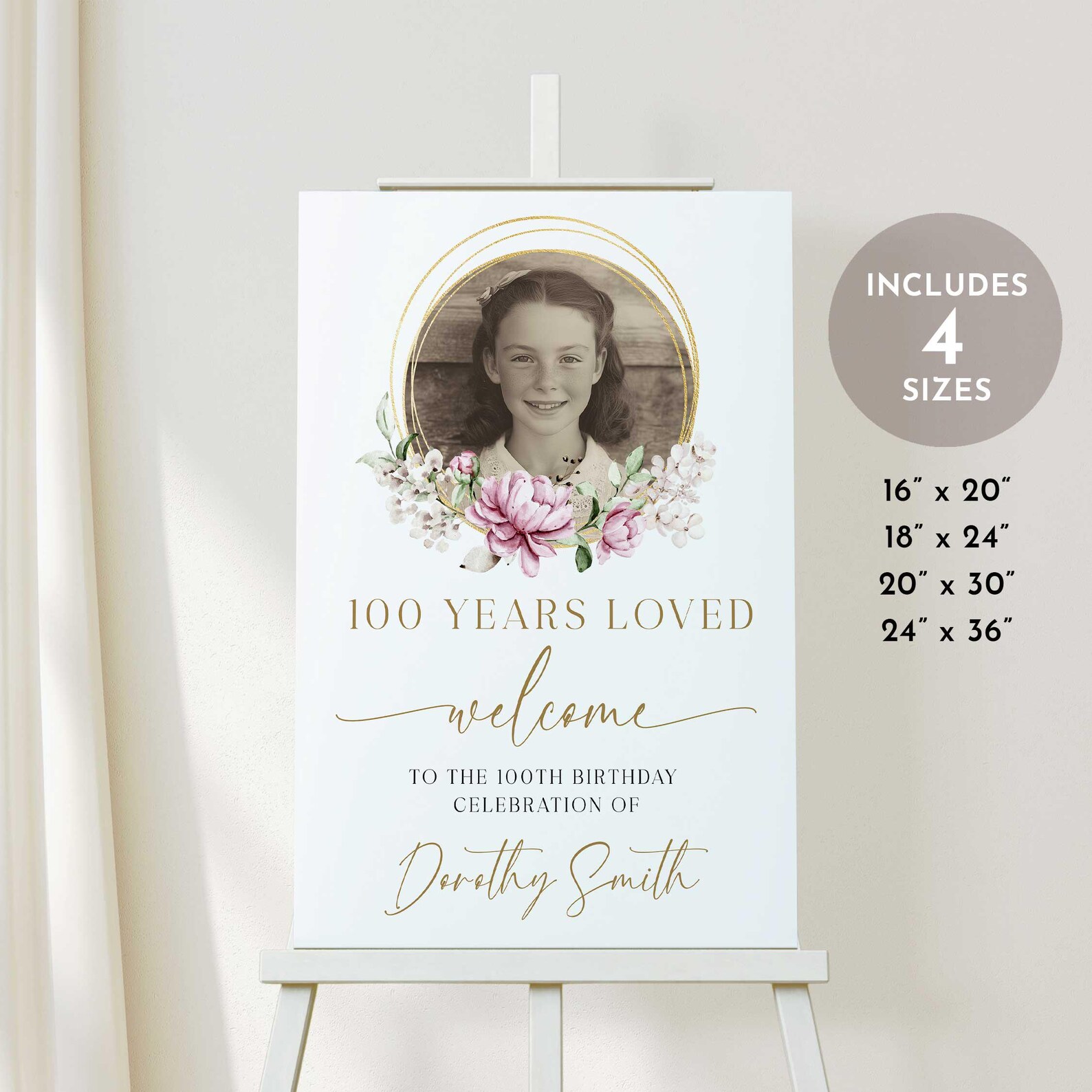 100 Years Loved Sign, 100th Birthday Welcome Sign, Floral 100th Welcome ...