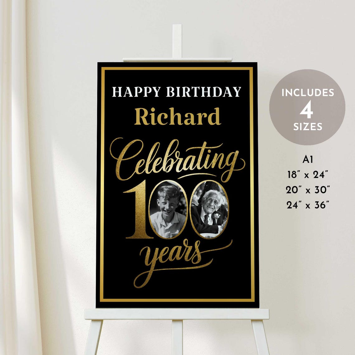 100 Years Loved Sign, 100th Birthday Welcome Sign, Black and Gold 100th ...