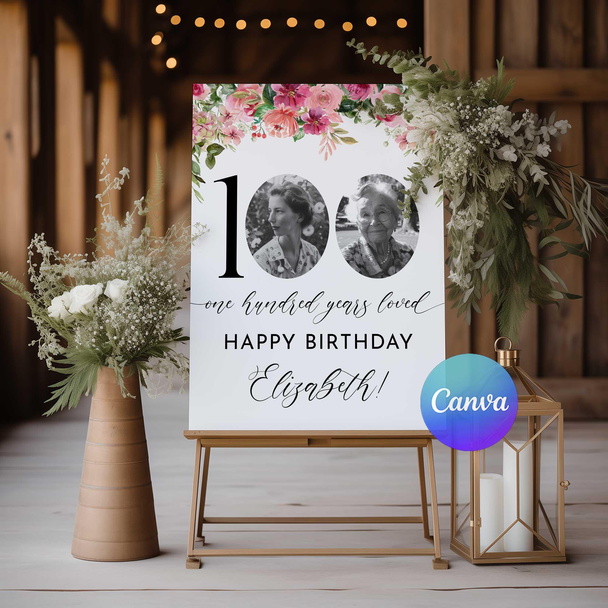 100th Birthday Sign, Floral 100 Years Loved Poster: Editable Template ...