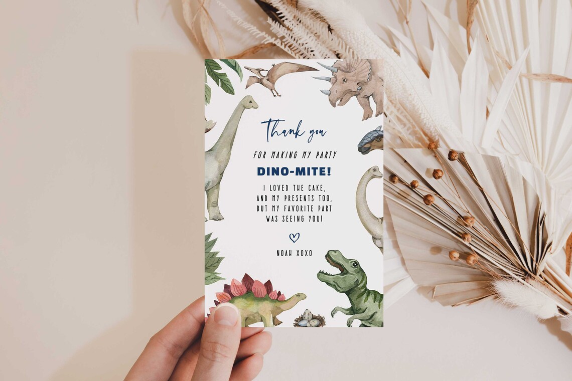 Dinosaur Birthday Thank You Card, Cute Dino Thank You Note, Jurassic ...