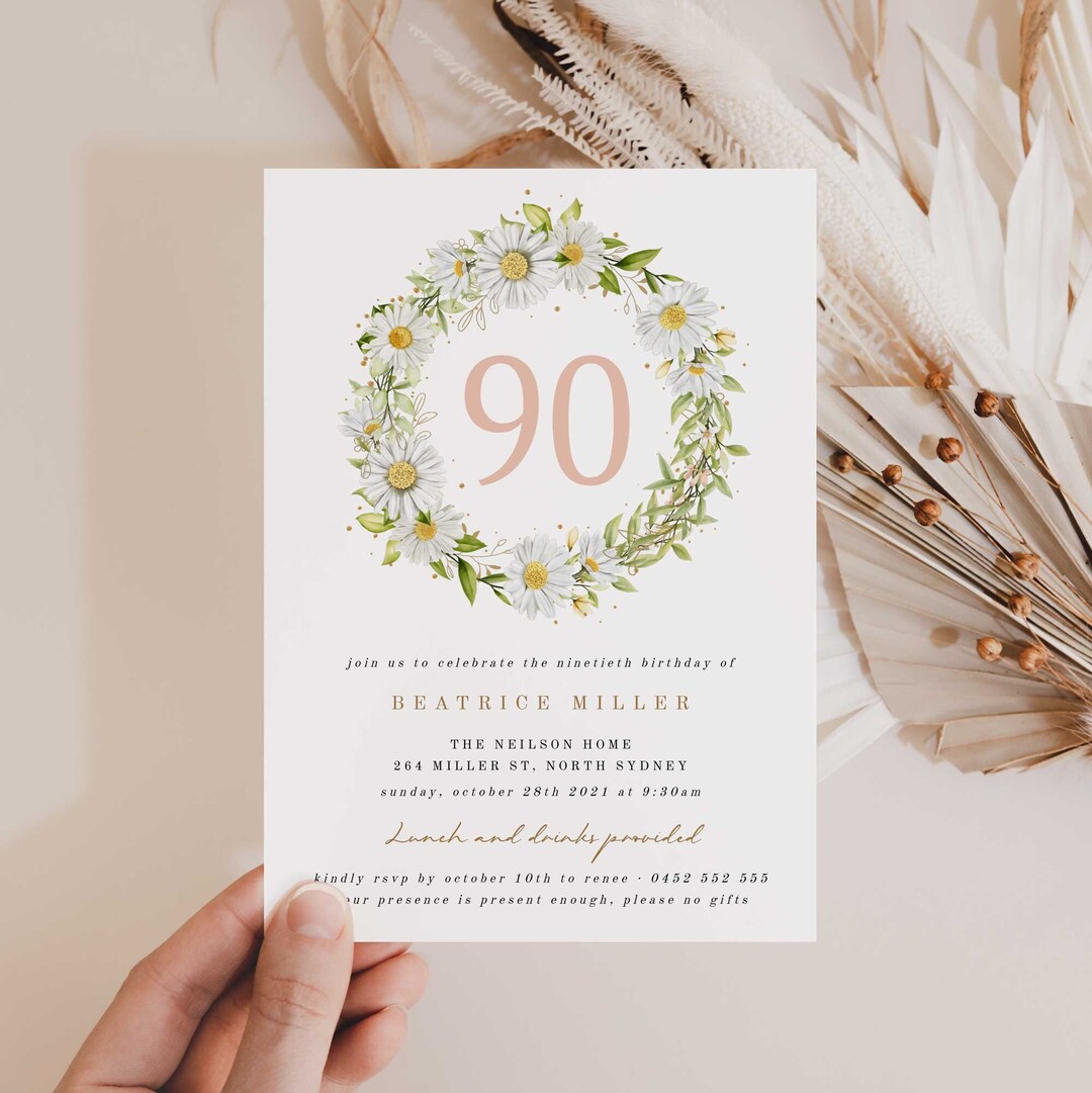 DAISY Floral 90th Birthday Invitation Editable Template, Female 90th ...