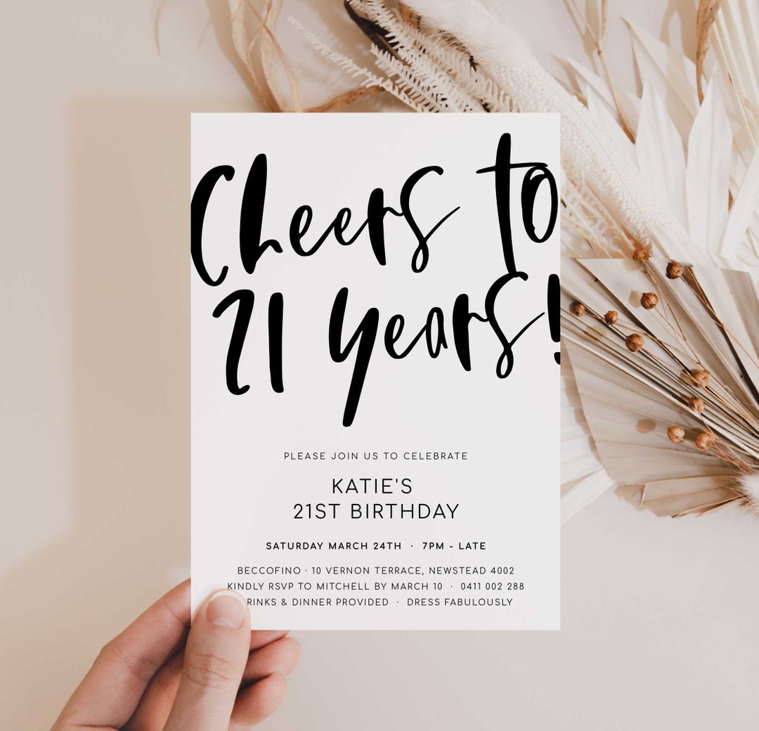 Cheers to 21 Years, Black and White Birthday Invitations, 21st ...