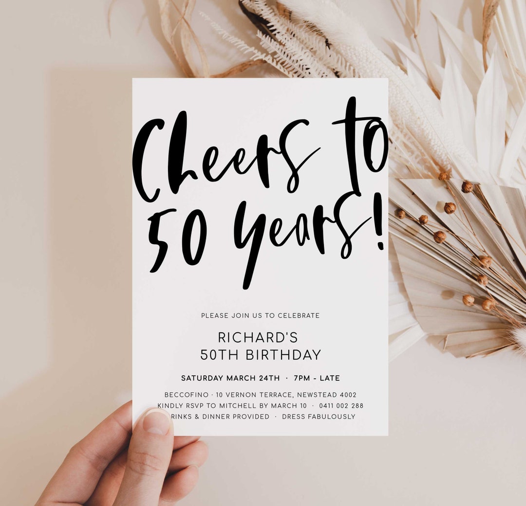 Cheers to 50 Years Invitation, Black and White Birthday Invitations ...