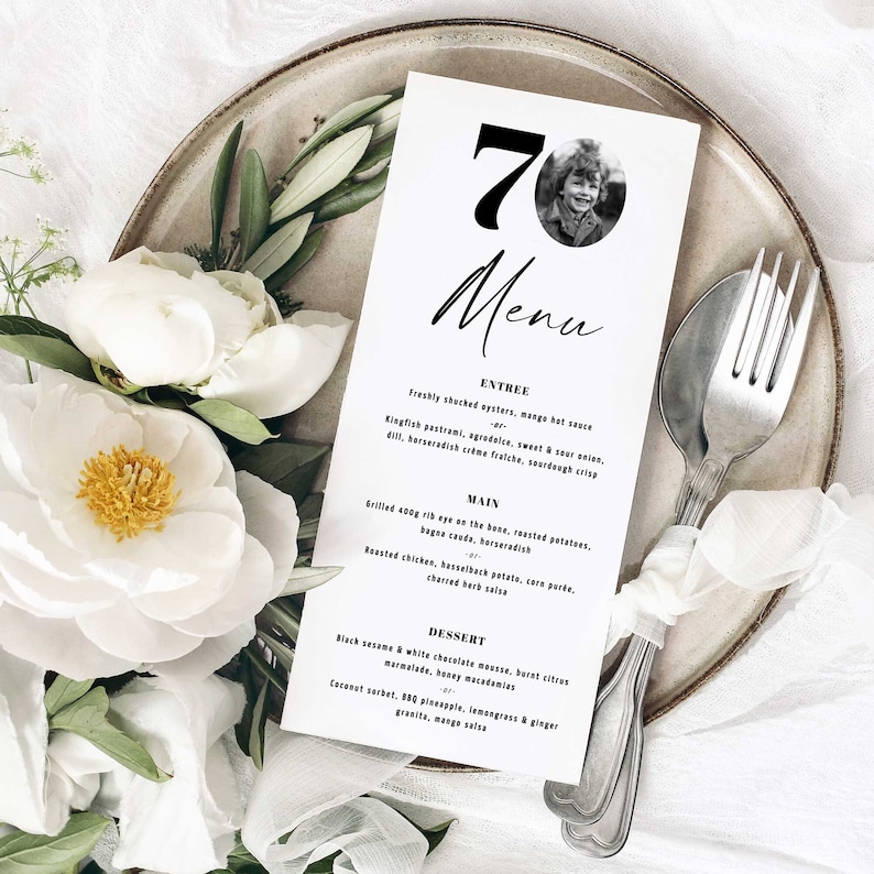 70th Birthday Menu Template, 70th Birthday Dinner Menu, 70th Menu Card ...