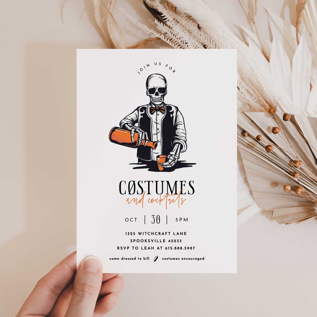 Cocktails and Costumes Invitation, Skeleton Halloween Invite, Adult ...