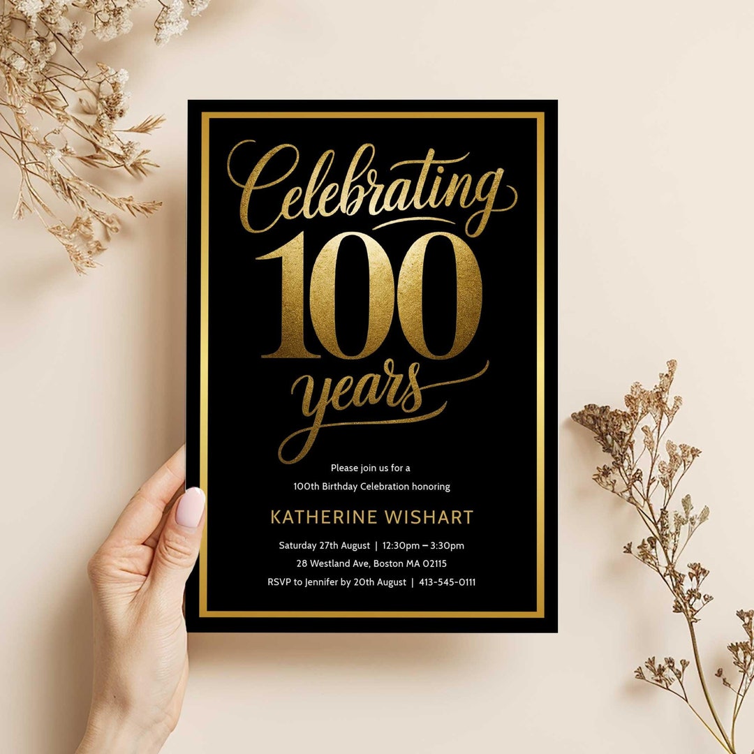Gold Number 100th Birthday Invitation Template, Black and Gold 100 ...
